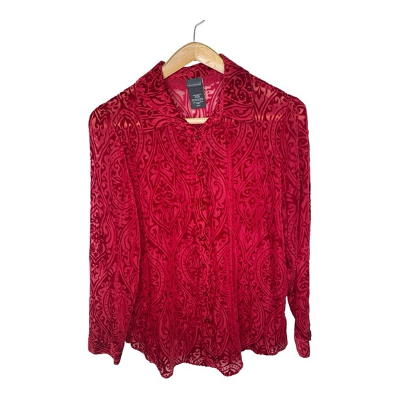 Covington | Tops | Covington Red Velvet Burnout Button Up Blouse ...